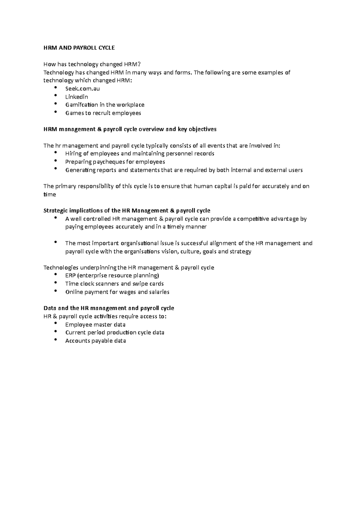Week 7 lecture notes - HRM AND PAYROLL CYCLE How has technology changed ...