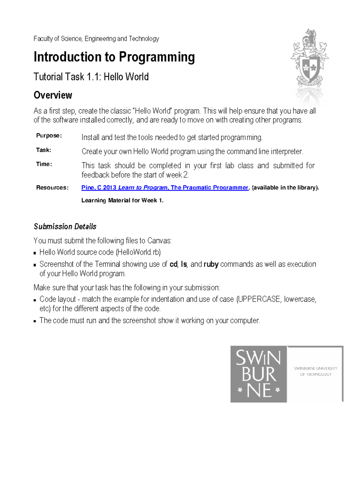 1 1T - Week 1 task - Faculty of Science, Engineering and Technology ...