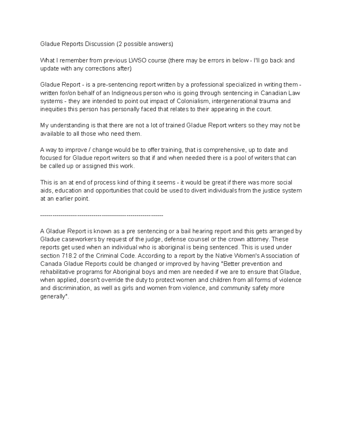 Gladue Reports Discussion (2 possible answers) - Gladue Reports ...