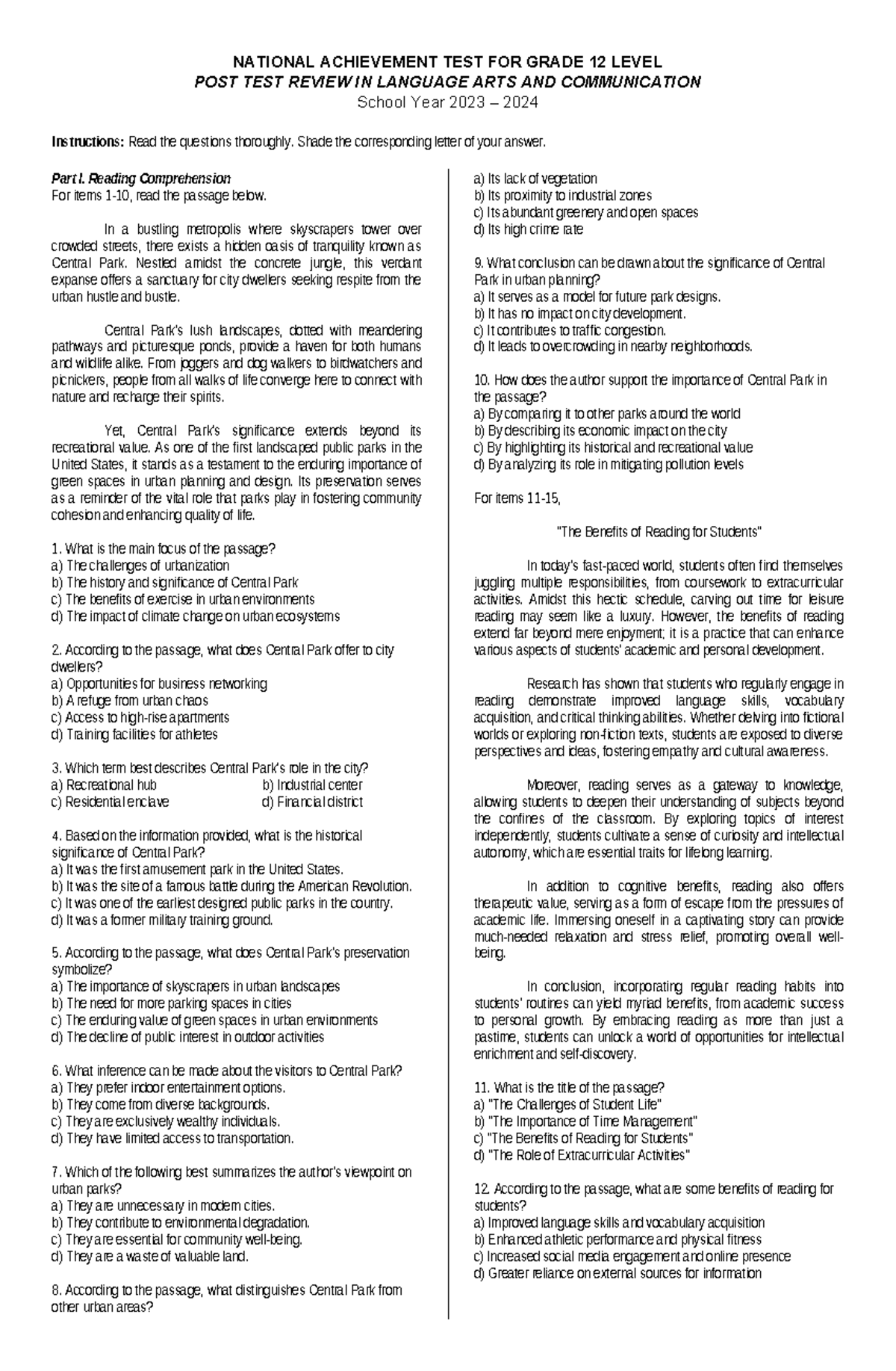 POST TEST NAT 23-24 - NATIONAL ACHIEVEMENT TEST FOR GRADE 12 LEVEL POST ...