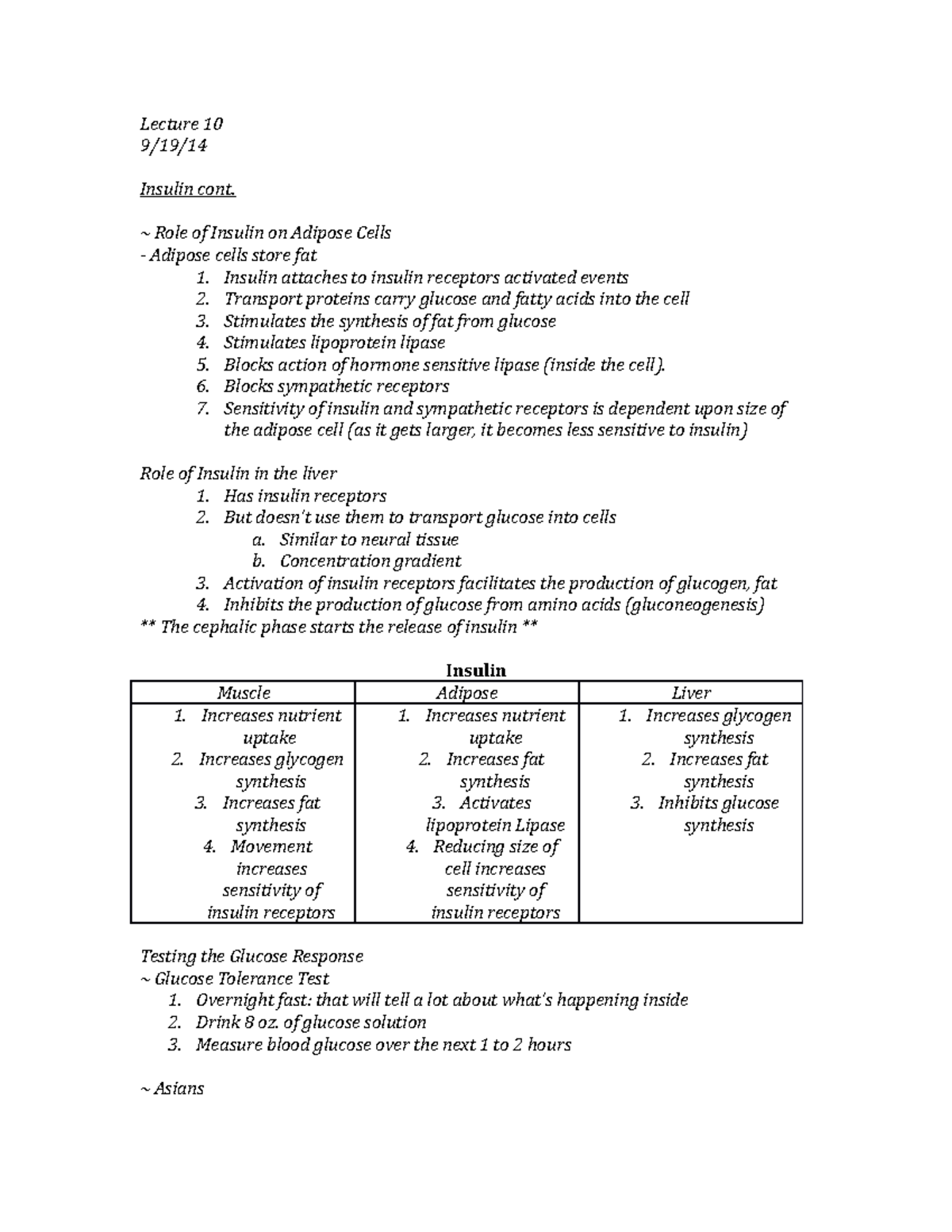 Lecture 10 - Insulin Analysis - Lecture 10 9/19/ Insulin cont. ~ Role ...