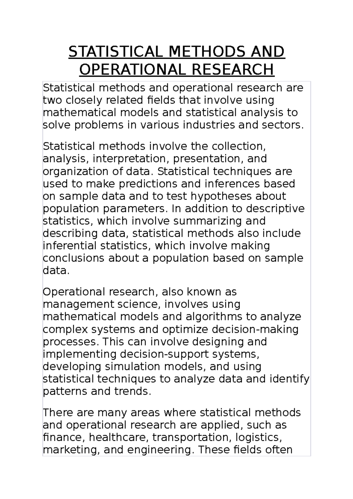 Statistical Methods AND Operational Research - STATISTICAL METHODS AND ...