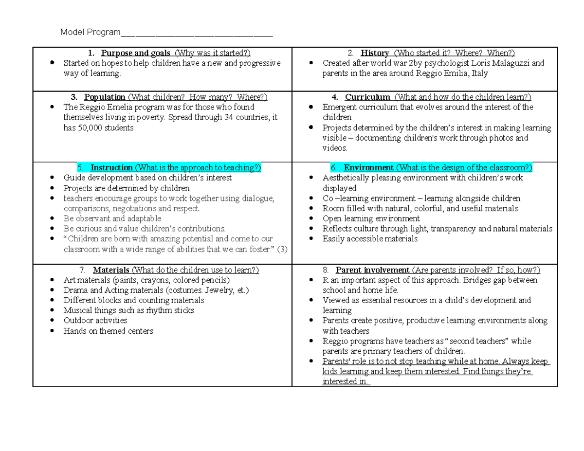 Reggio Emilia Model Programs Worksheet - Model Program ...