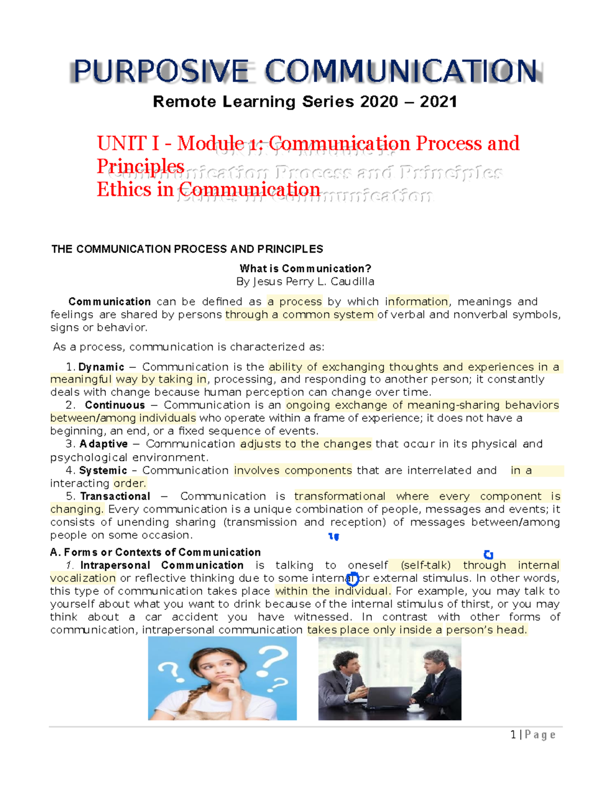 Gepc reviewer - Modules 1 to 4 - UNIT I - Module 1: Communication Process and Principles Ethics ...