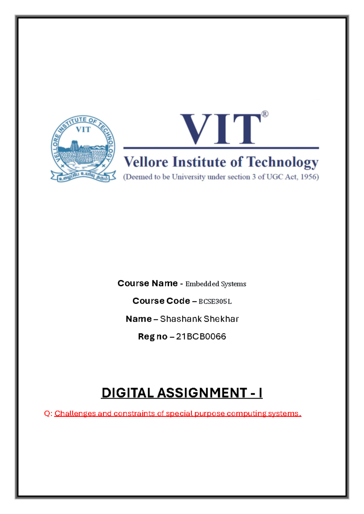 Embedded Systems Course Name Embedded Systems Course Code Bcse305l Name Shashank Shekhar