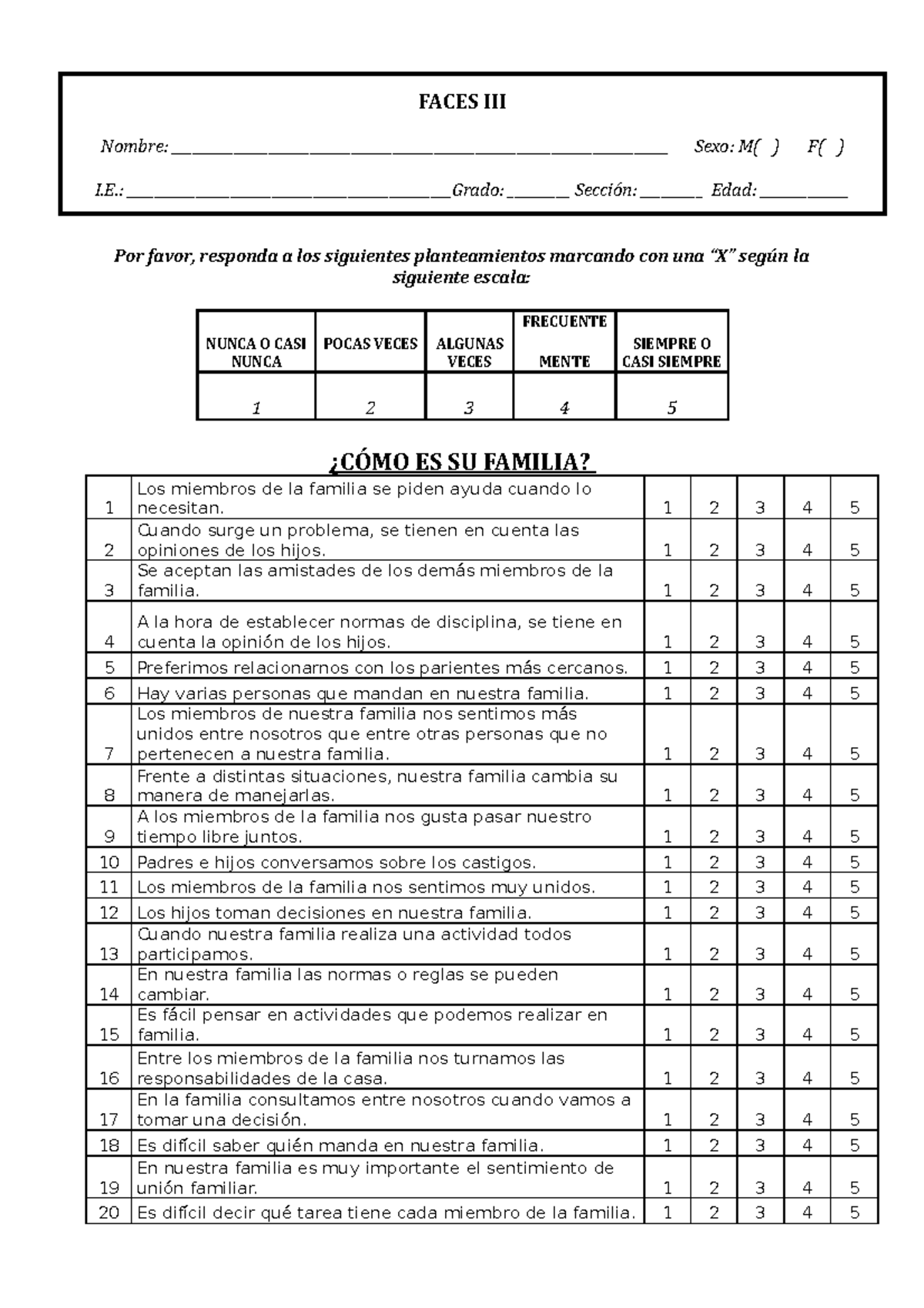 Faces III Olson Protocolo para Aplicación - FACES III Nombre: - Studocu
