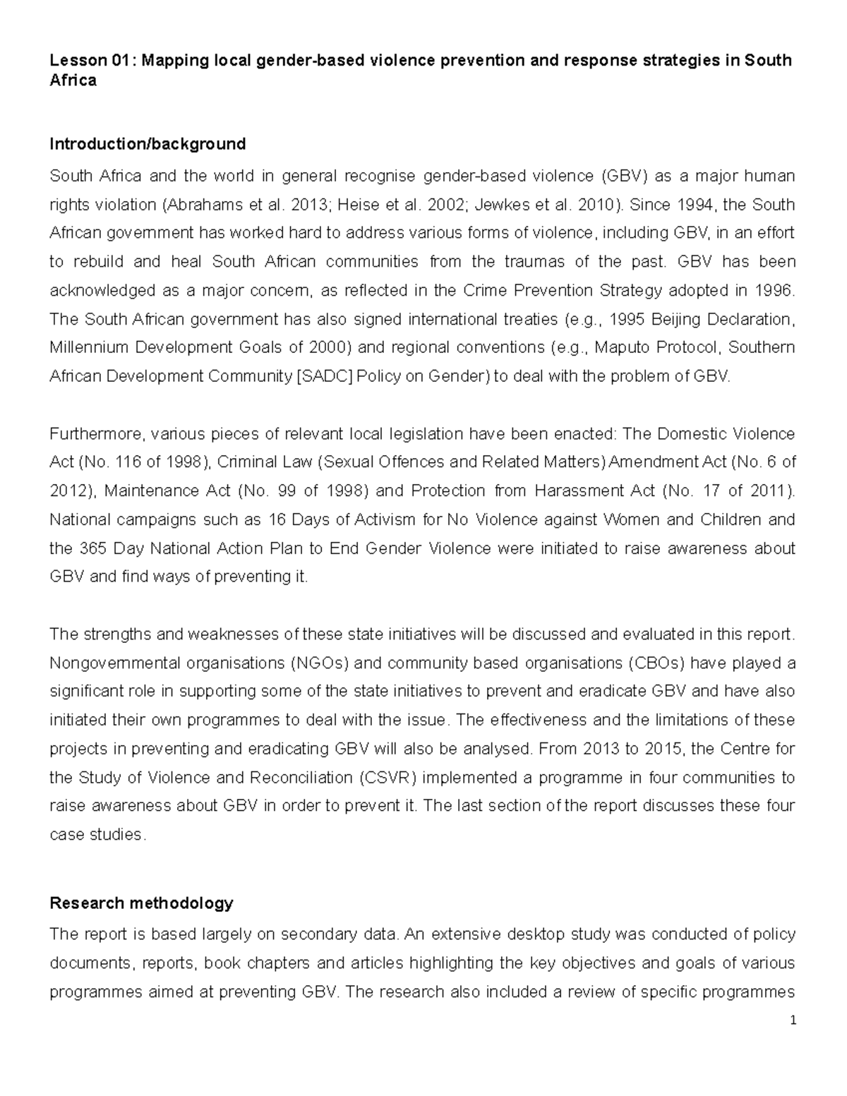 Case Study 1 Mapping local GBV - Lesson 01: Mapping local gender-based ...