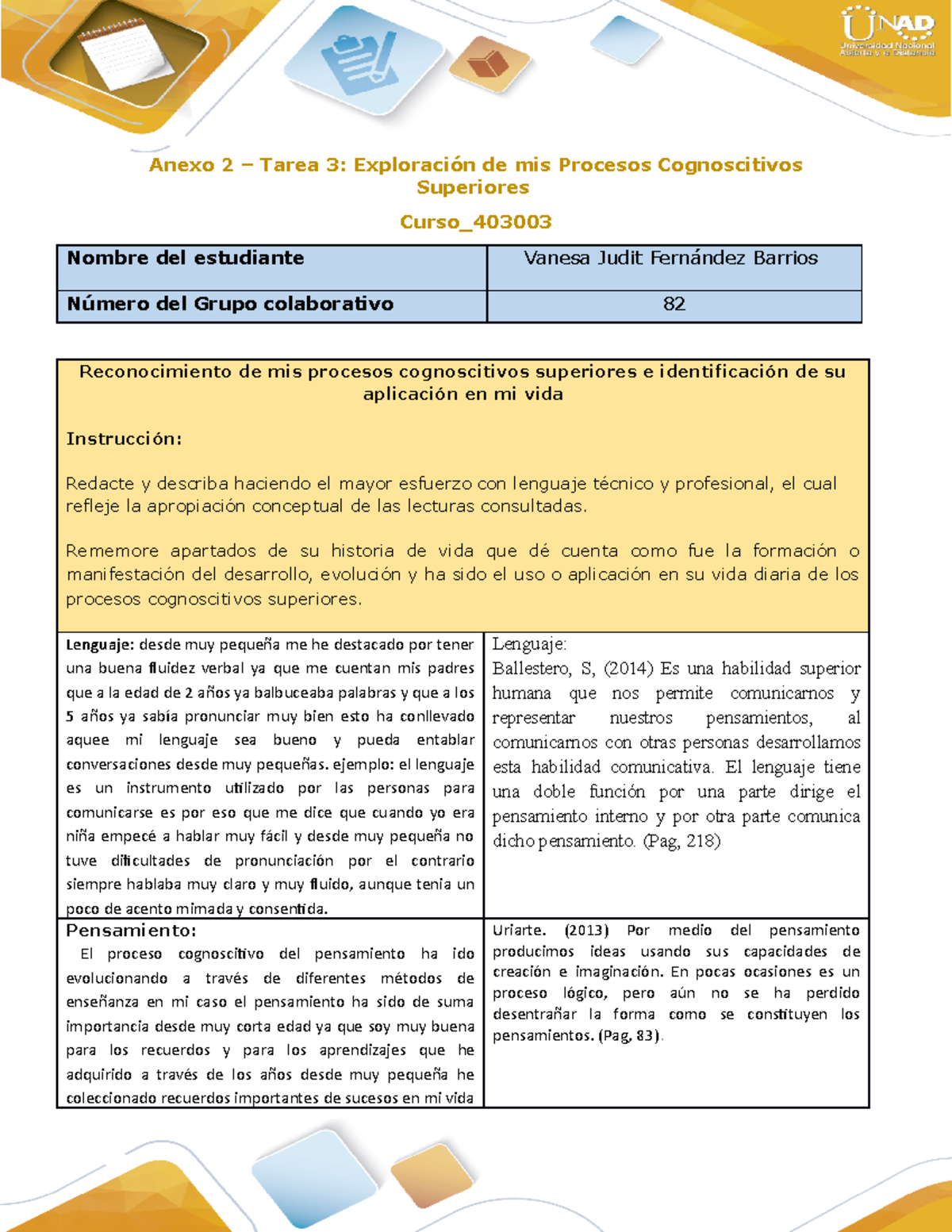 Anexo 2 - Tarea 3 Matriz individual procesos cognoscitivos superiores vanesa fernandez - Anexo 2 ...