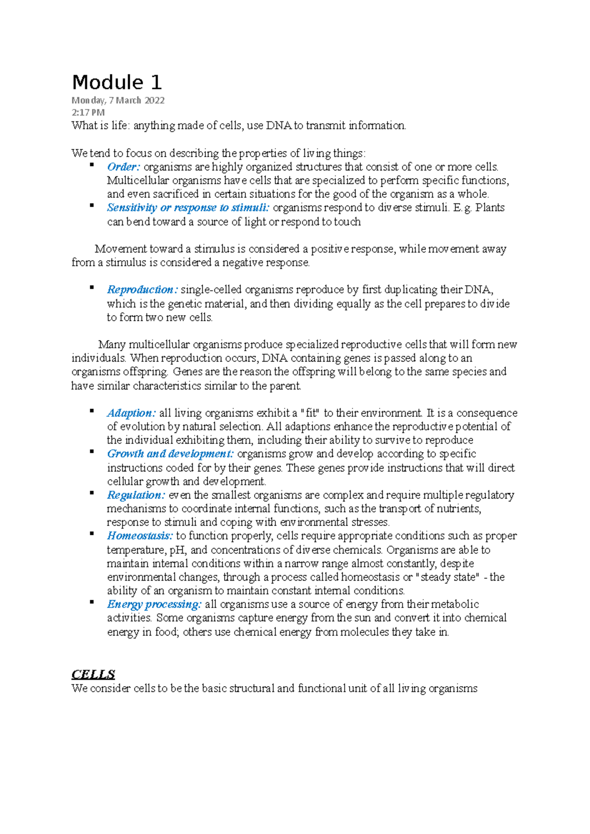 Cells and Genes Notes module 1-8 - Module 1 Monday, 7 March 2022 2:17 ...