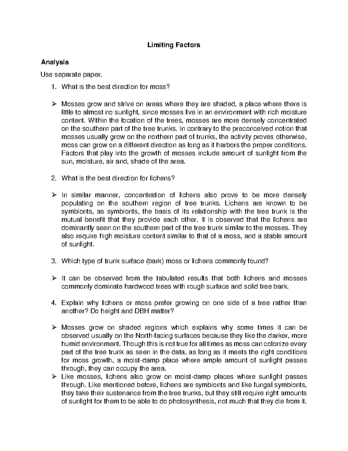 Limitng Factor Ecology Notes - Limiting Factors Analysis Use separate ...
