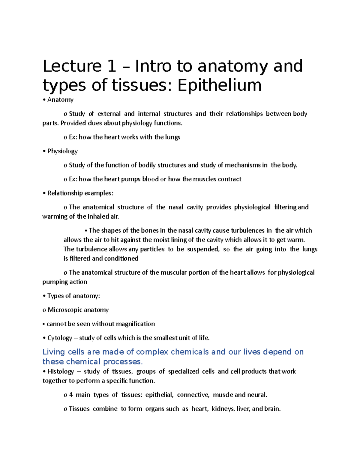 Hlsc 2f95 Lecture Notes 1 Lecture 1 Intro To Anatomy And Types Of