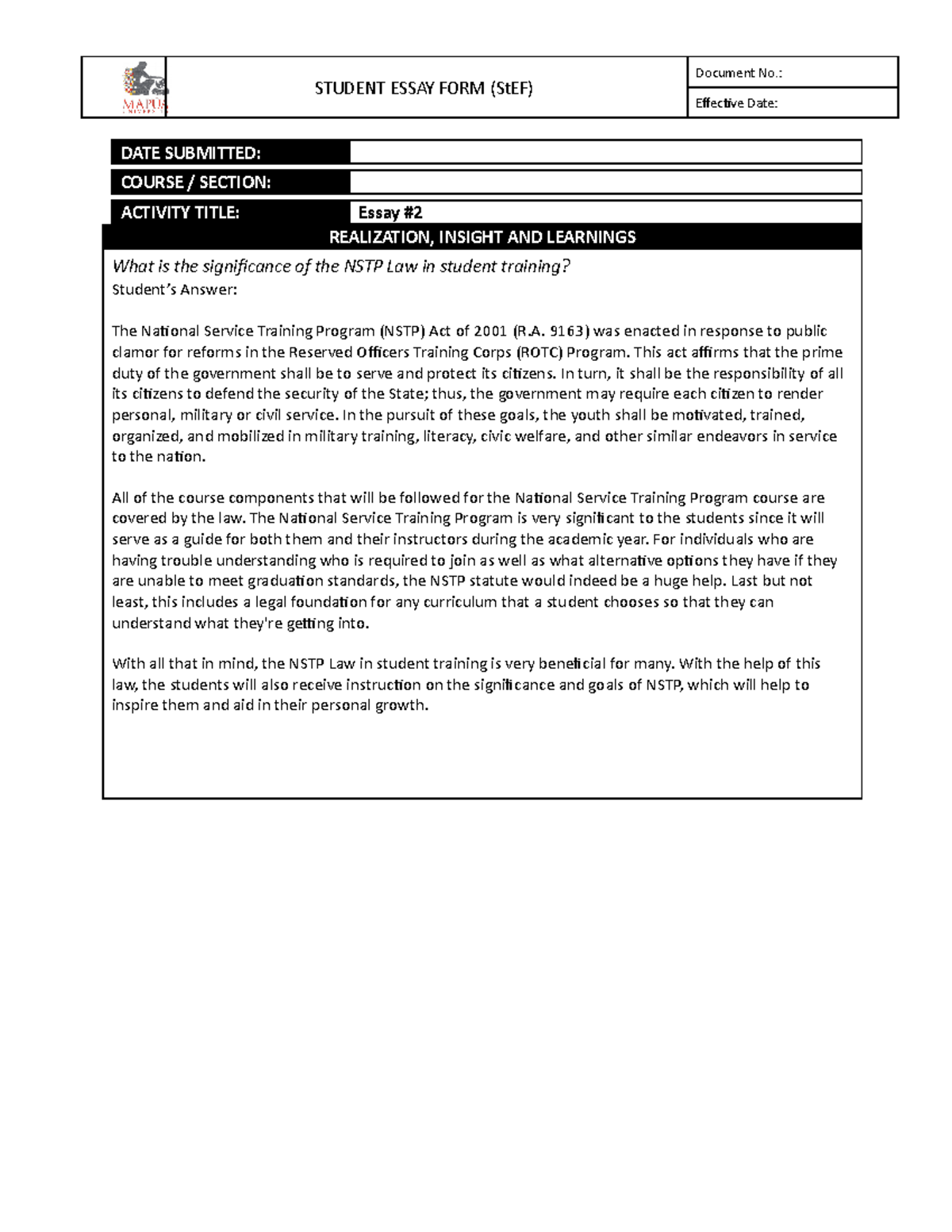 Form - Essay #1 - Goodluck! - STUDENT ESSAY FORM (StEF) Document No ...