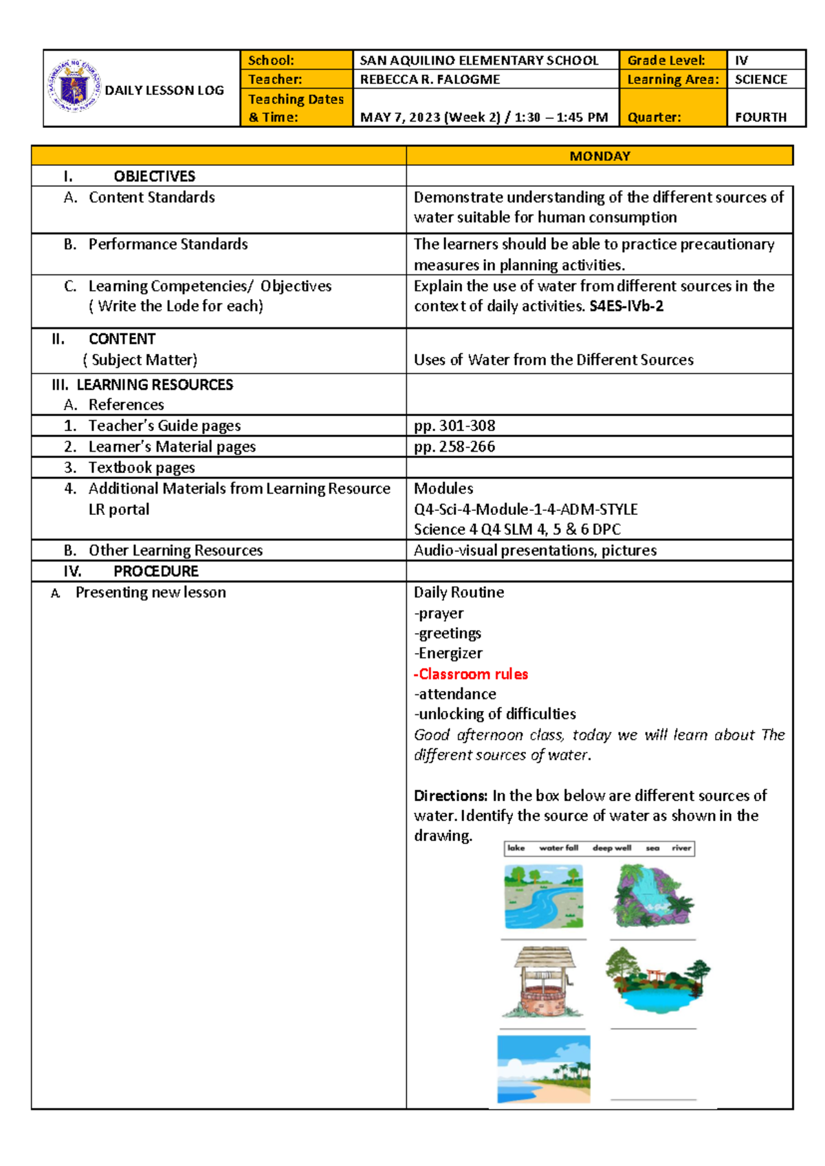 DLL Science 4 Q4 W2 Uses of Water from 123 - DAILY LESSON LOG School ...