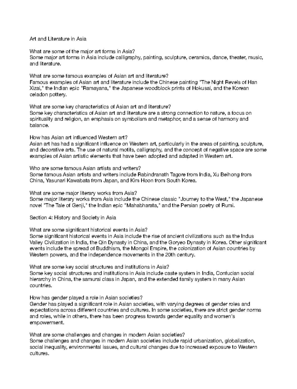 Intro to HUM 1 - Art and Literature in Asia What are some of the major ...