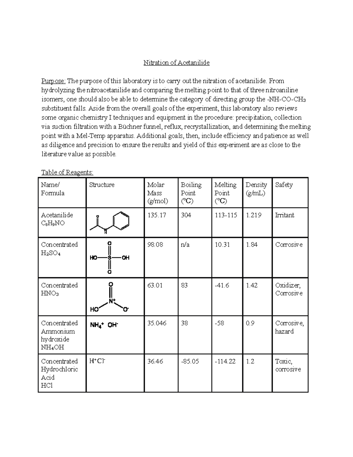 CHEM261 Acetanilide 192 - Nitration of Acetanilide Purpose: The purpose ...