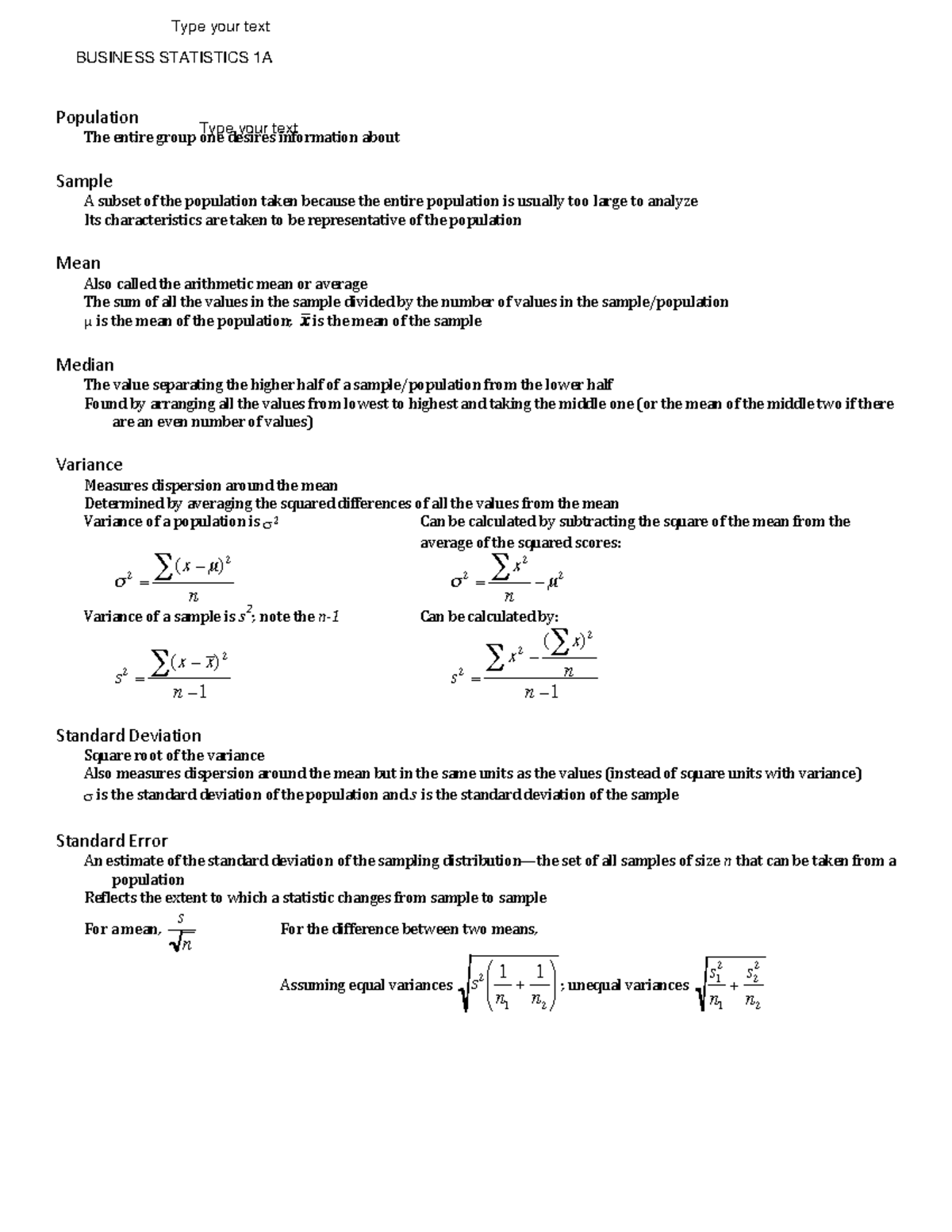 Stats handout - PRACTICE - - Studocu