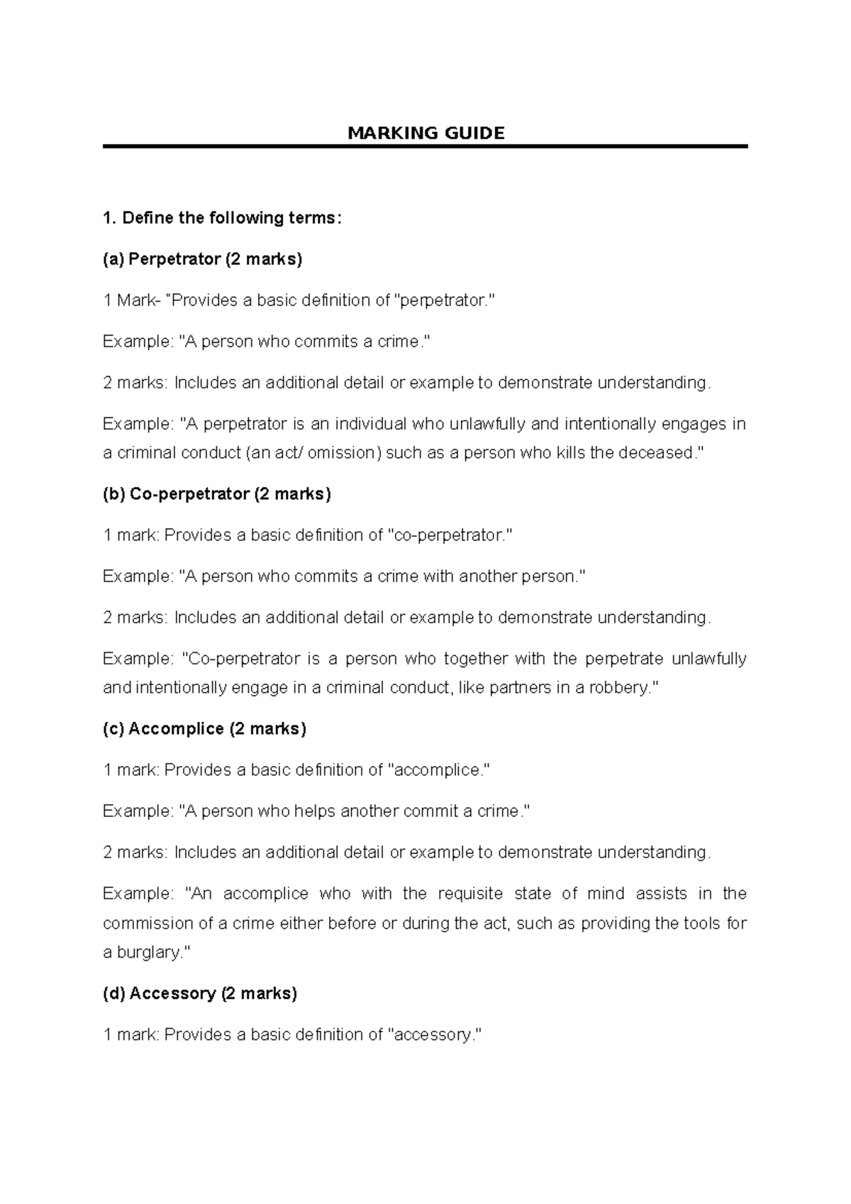 Criminal Marking Guide - MARKING GUIDE Define the following terms: (a ...