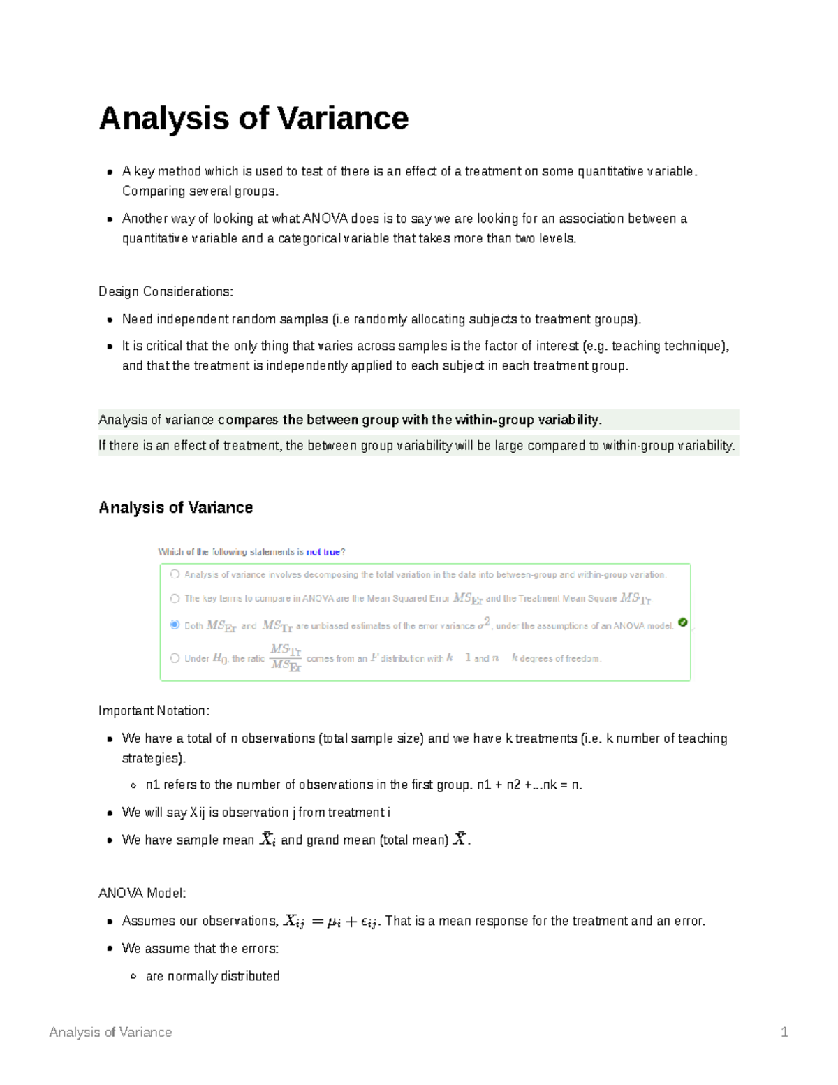 Analysis of Variance - MATH2089 - UNSW Sydney - Studocu