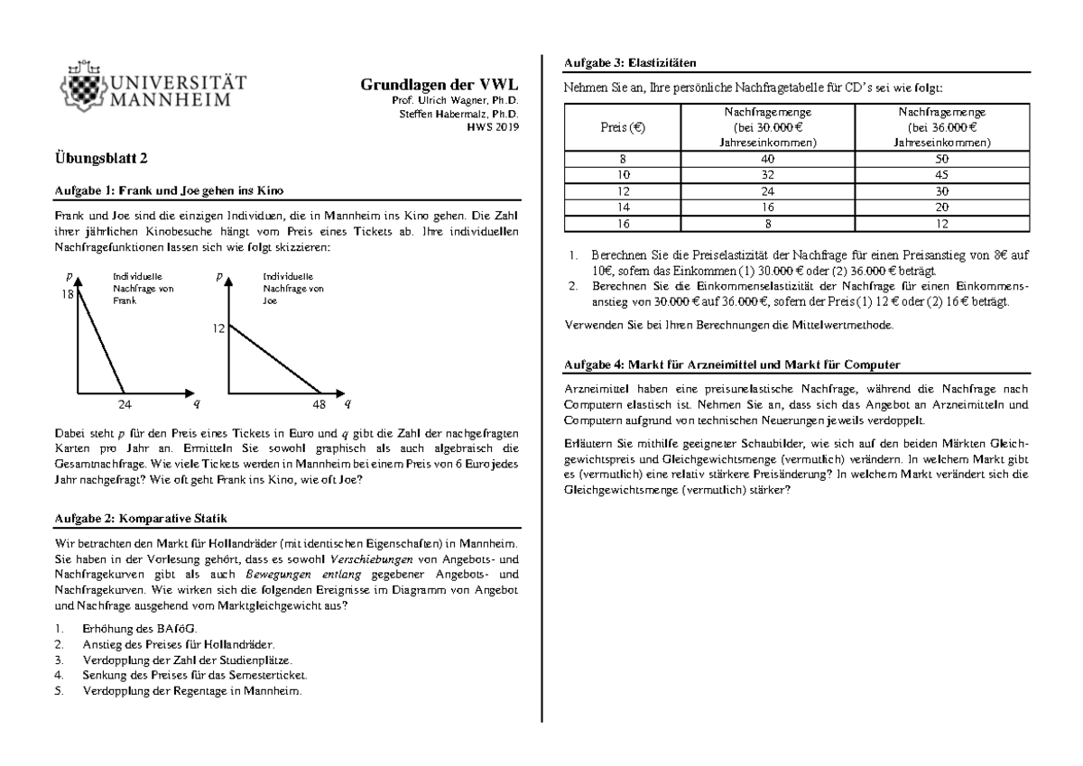 Uebungsblatt 02 - vwl - Grundlagen der VWL Prof. Ulrich Wagner, Ph ...