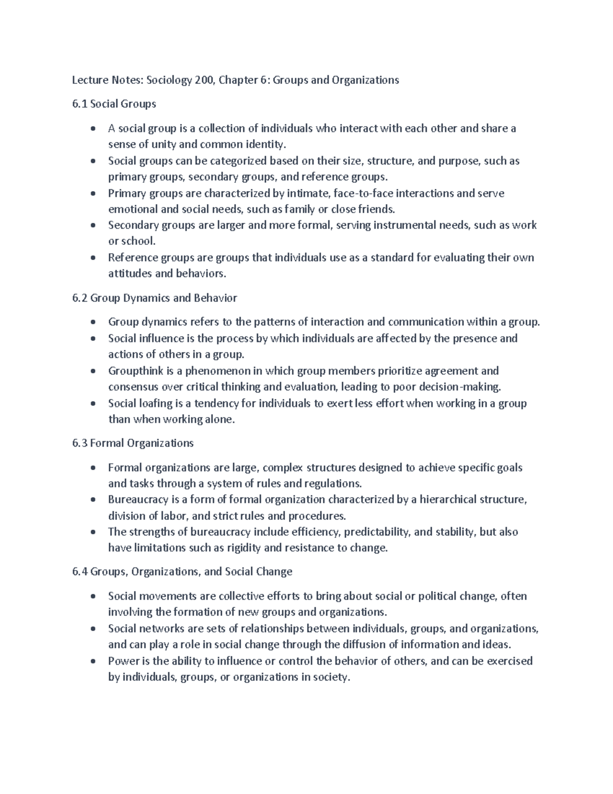 Soc 6 - Notes for chapter 6 - Lecture Notes: Sociology 200, Chapter 6 ...