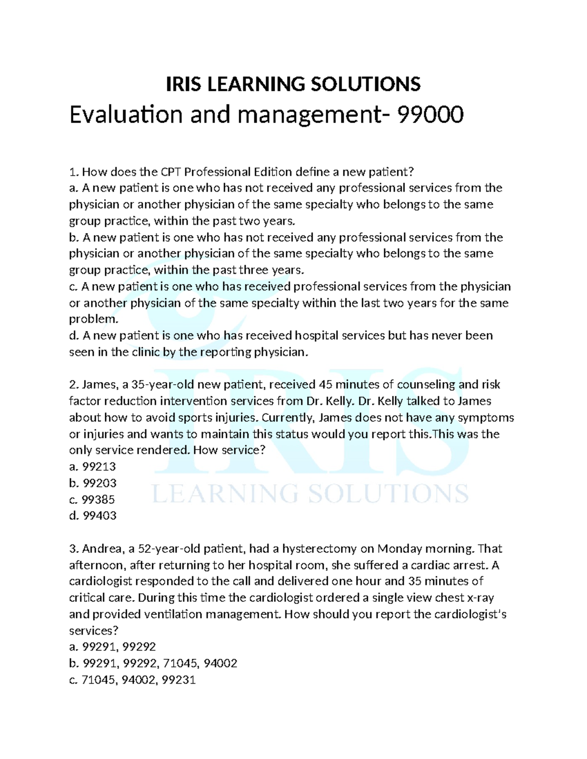 Cpt-E&M 99000 - Medical coding question and answer - IRIS LEARNING SOLUTIONS Evaluation and ...