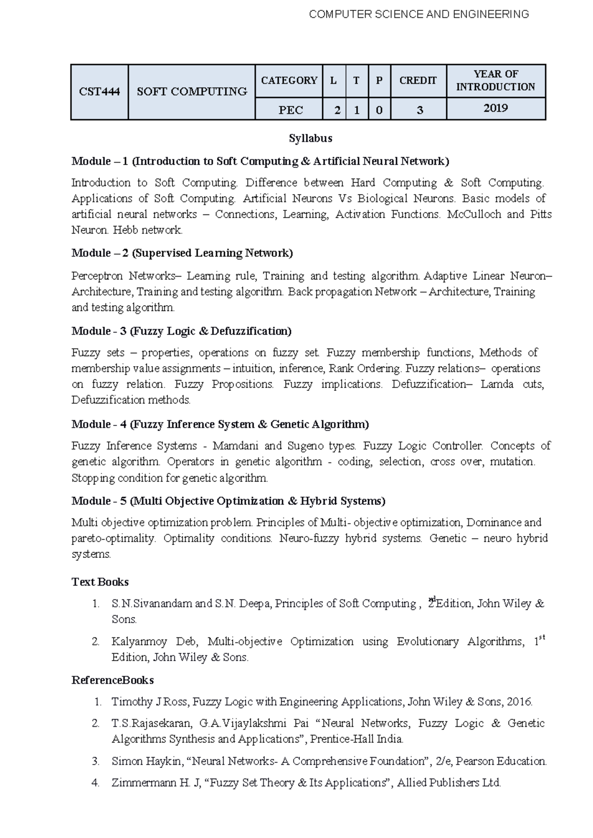 CST-444 Syllabus - CST444 SOFT COMPUTING CATEGORY L T P CREDIT YEAR OF INTRODUCTION PEC 2 1 0 3 ...