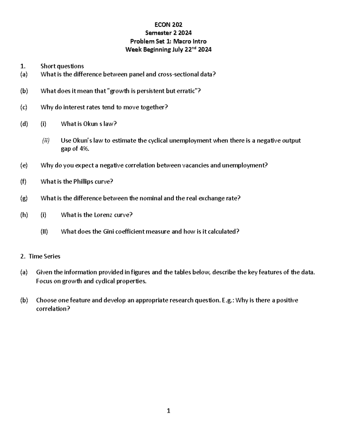 ECON202 S2 2024 Problem Set 1: Macro Intro - 1 ECON 202 Semester 2 2024 Problem Set 1: Macro ...