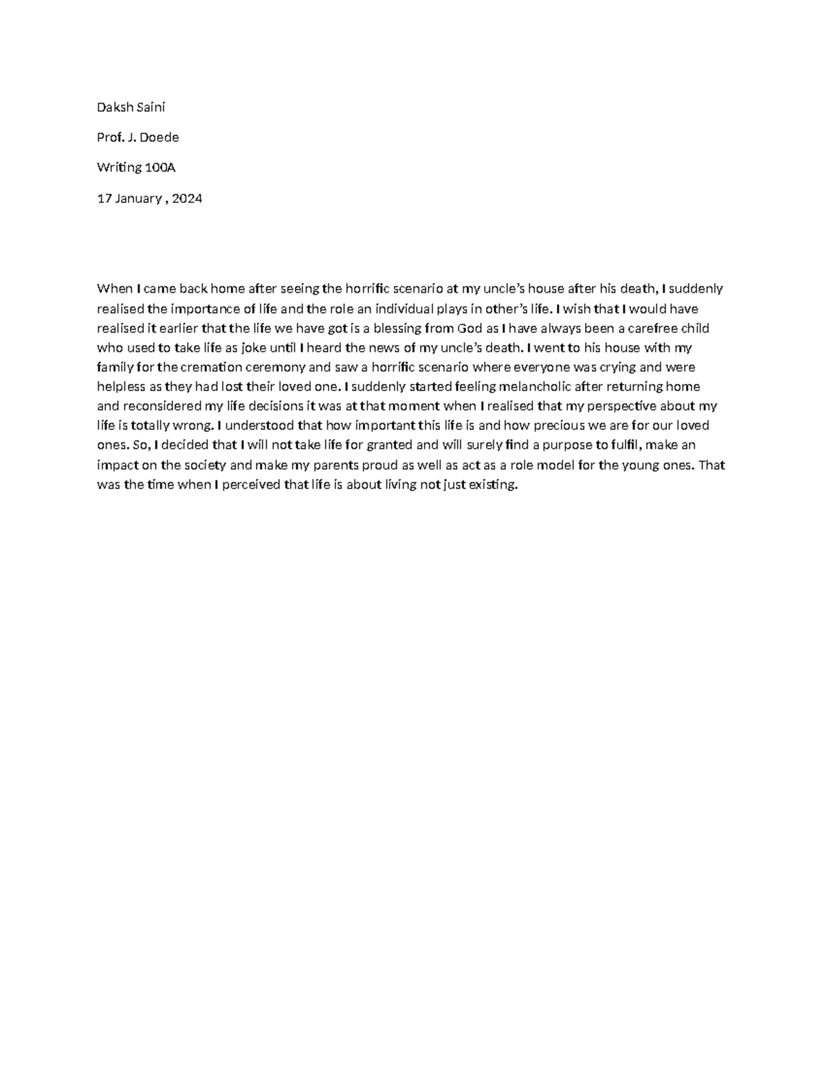 Writing 100a Personal Writing Daksh Saini Daksh Saini Prof J Doede Writing 100a 17 January