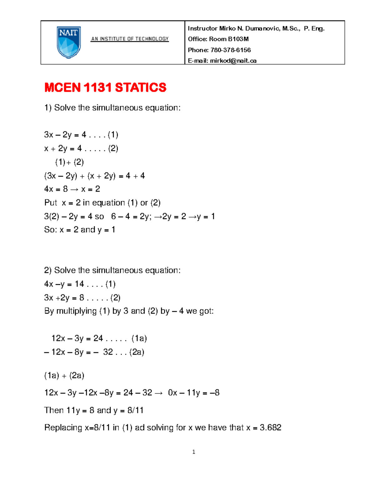 002 - MCEN 1131 Statics - Basic MATH - 1 MCEN 1131 STATICS Solve the ...