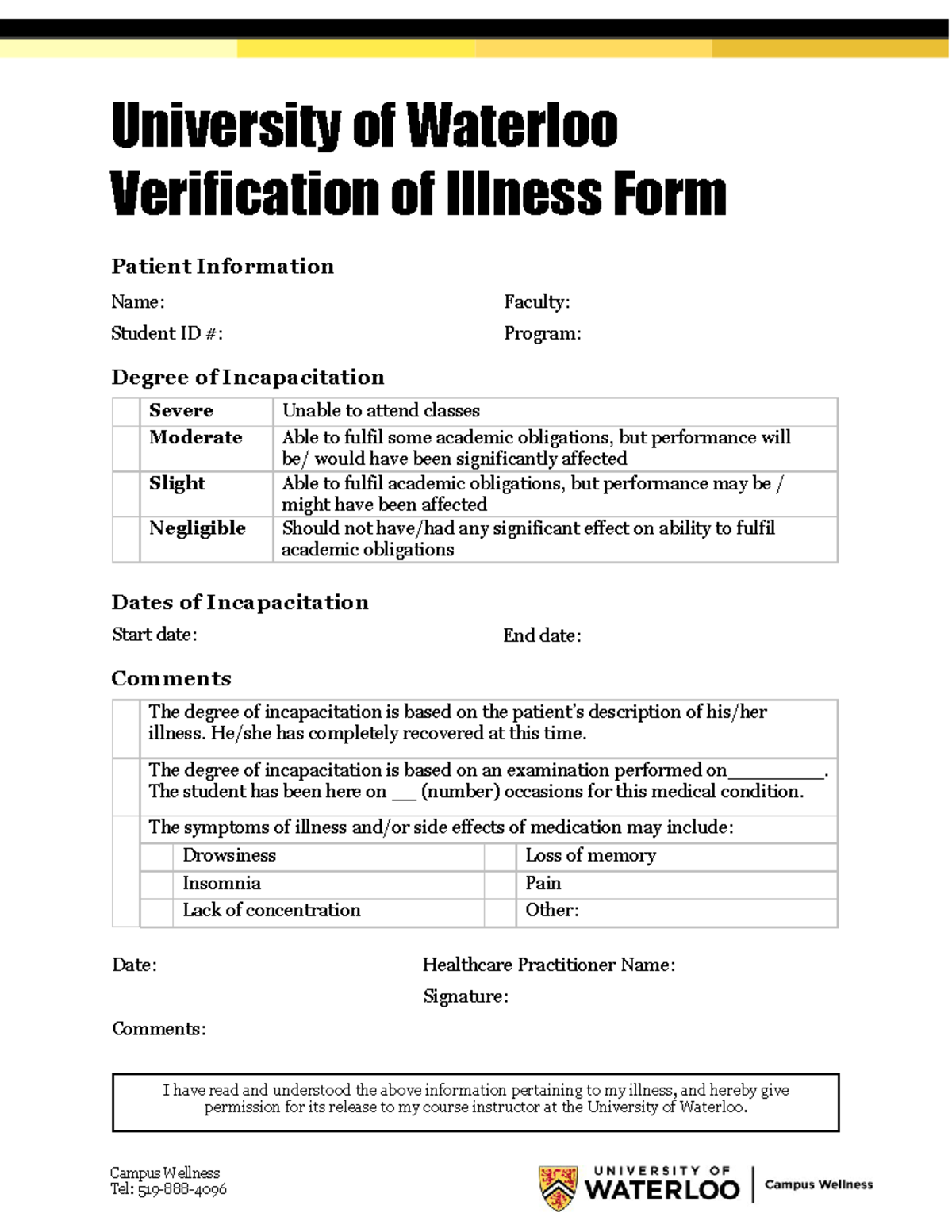 Verification of illness form - University of Waterloo Verification of ...