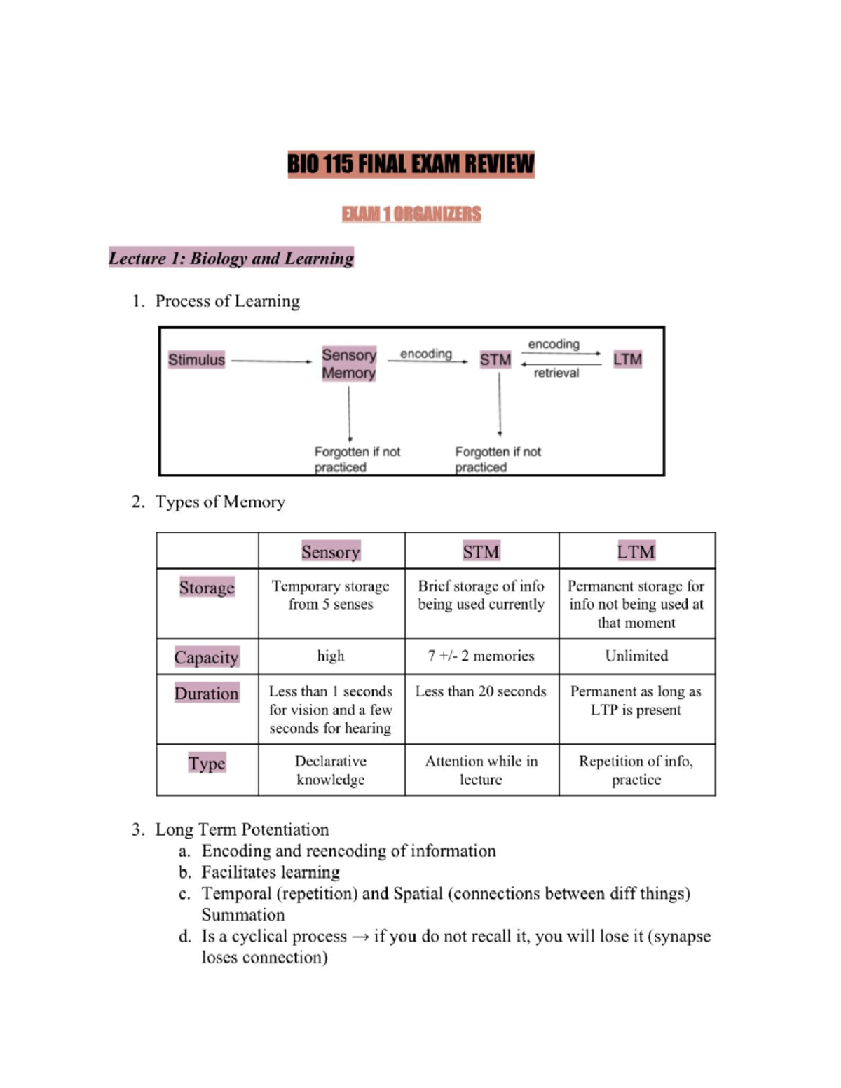Megadoc - Organizer - BIO 115 FINAL EXAM REVIEW EXAM 1 ORGANIZERS ...