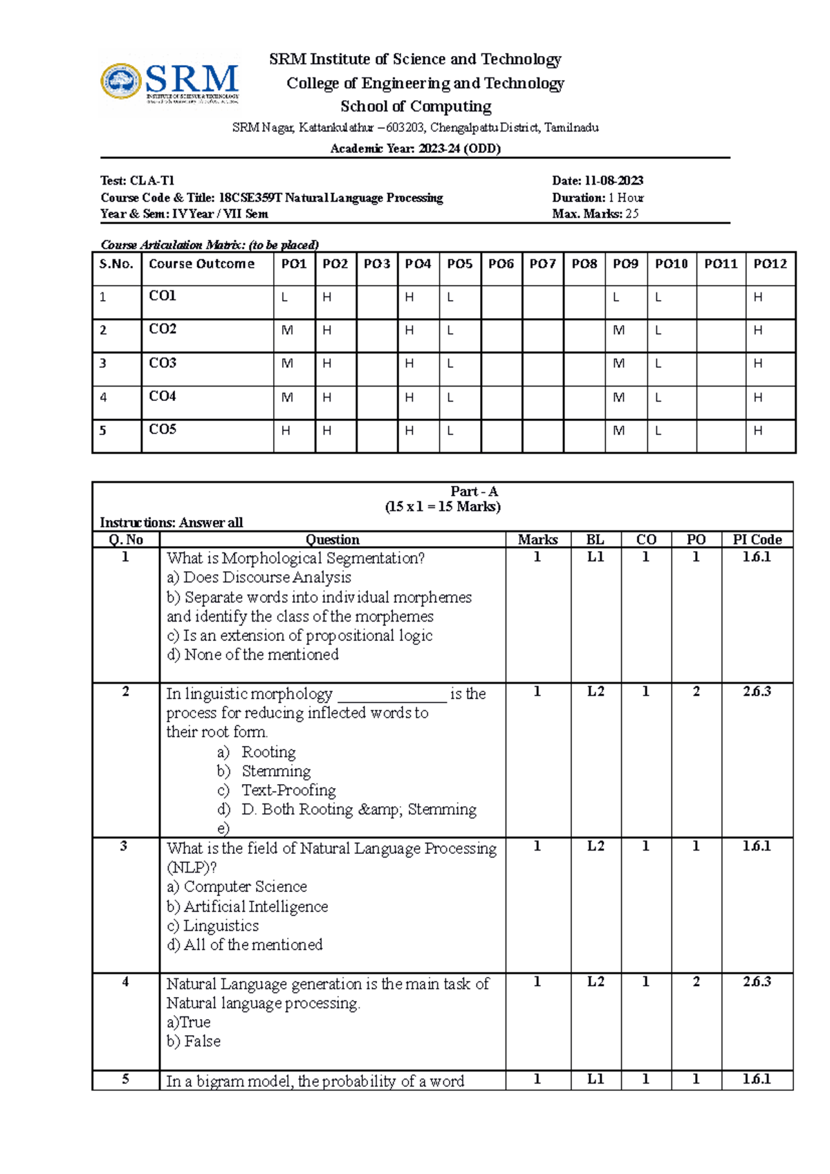 Ct1 Set Wxwxwxw Srm Institute Of Science And Technology College Of Engineering And Technology