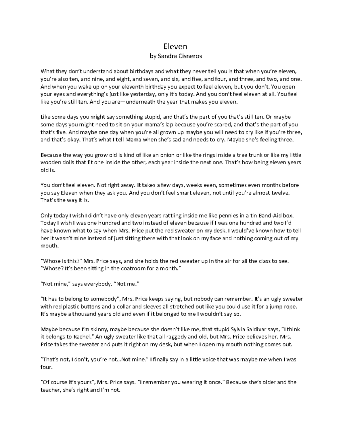 Eleven Text - chmhcxmhmcfh - Eleven by Sandra Cisneros What they don’t ...