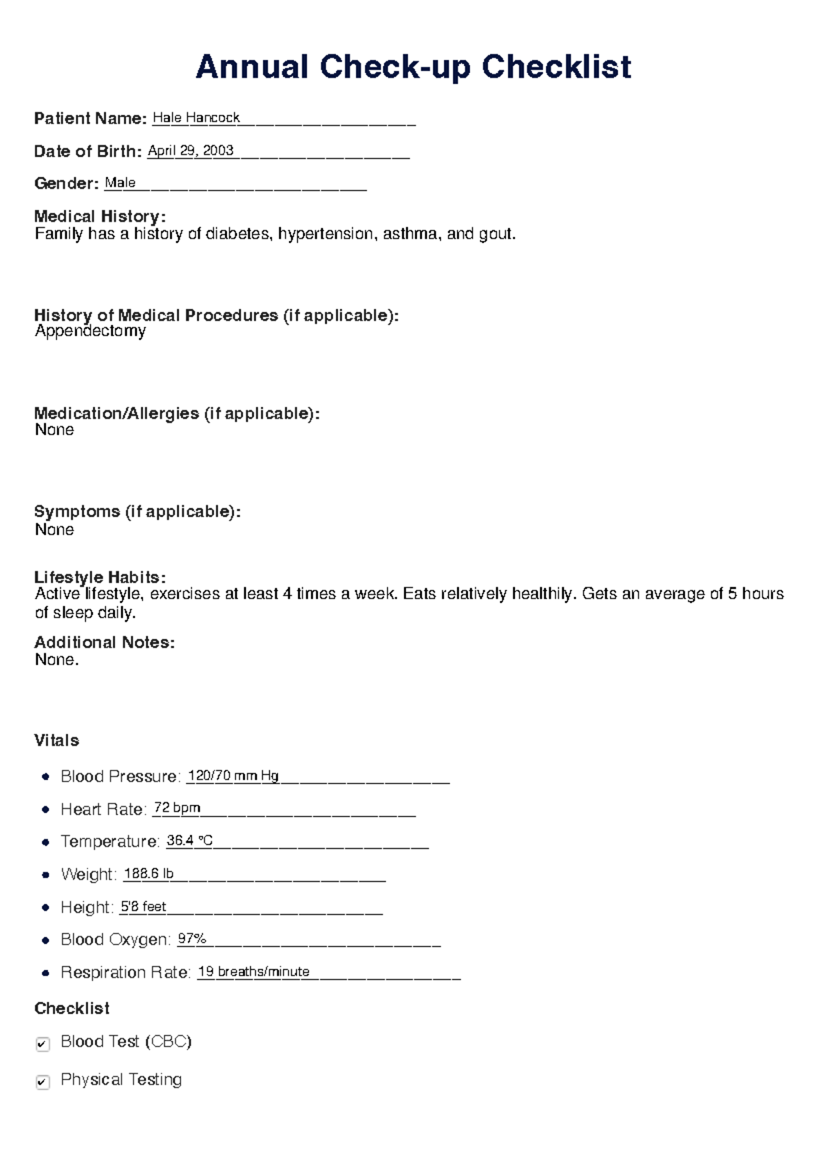 Annual check up checklist sample - Annual Check-up Checklist Patient ...