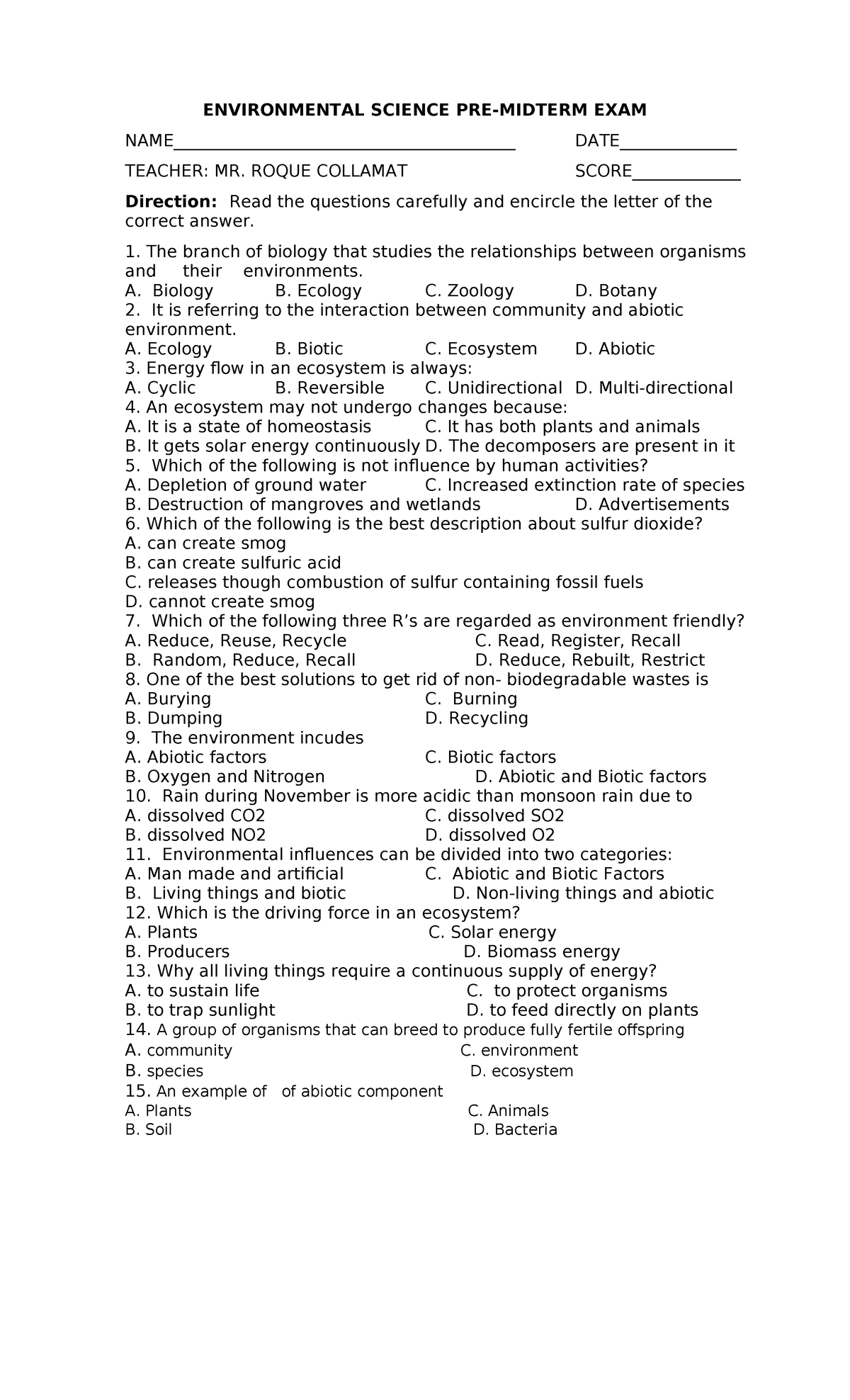 Earth-science-pre-midterm 2 - ENVIRONMENTAL SCIENCE PRE-MIDTERM EXAM ...
