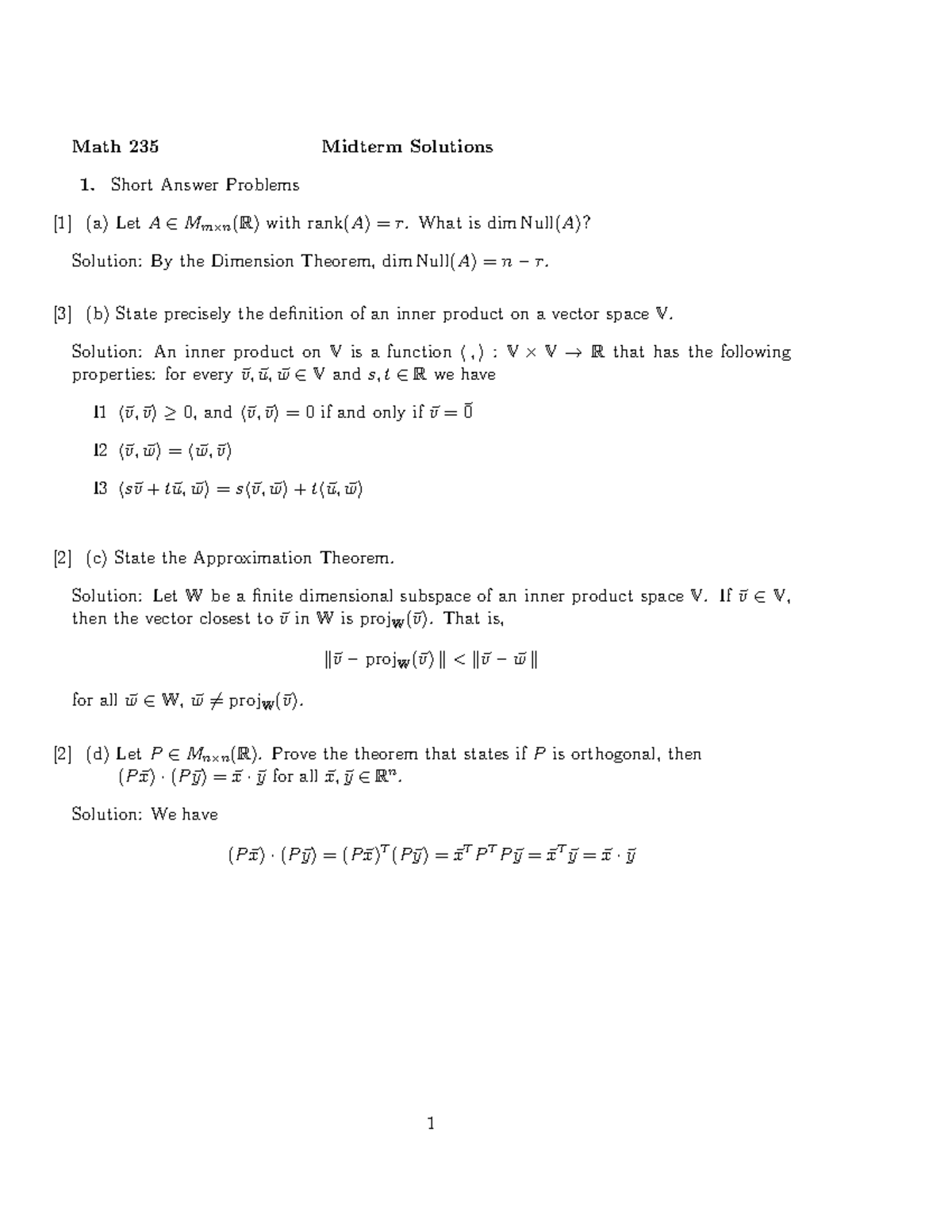 235 midterm fall 2018 solutions - Math 235 Midterm Solutions 1. Short Answer Problems [1] (a ...