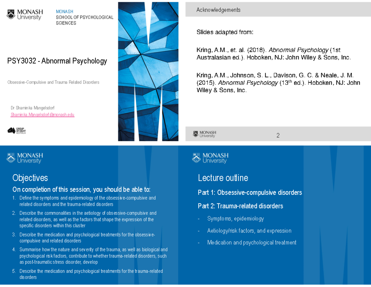 Week 9 lecture slides - PSY3032 - Abnormal Psychology Obsessive ...