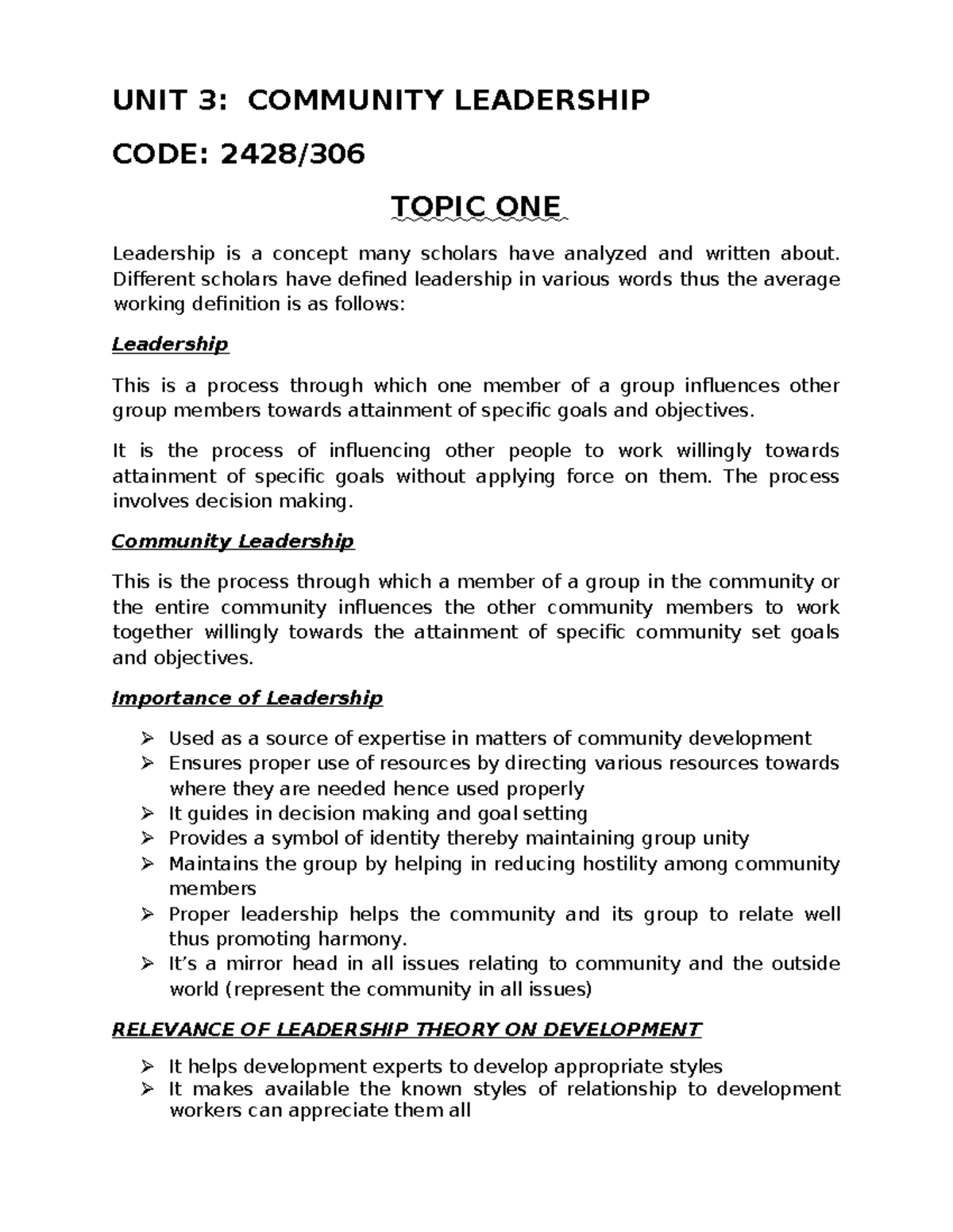 Community Leadership Notes - UNIT 3: COMMUNITY LEADERSHIP CODE: 2428 ...