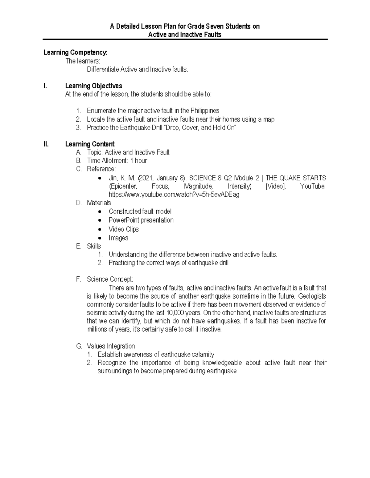 Lesson Plan on Active and Inactive Fault-G8 - A Detailed Lesson Plan for Grade Seven Students on ...