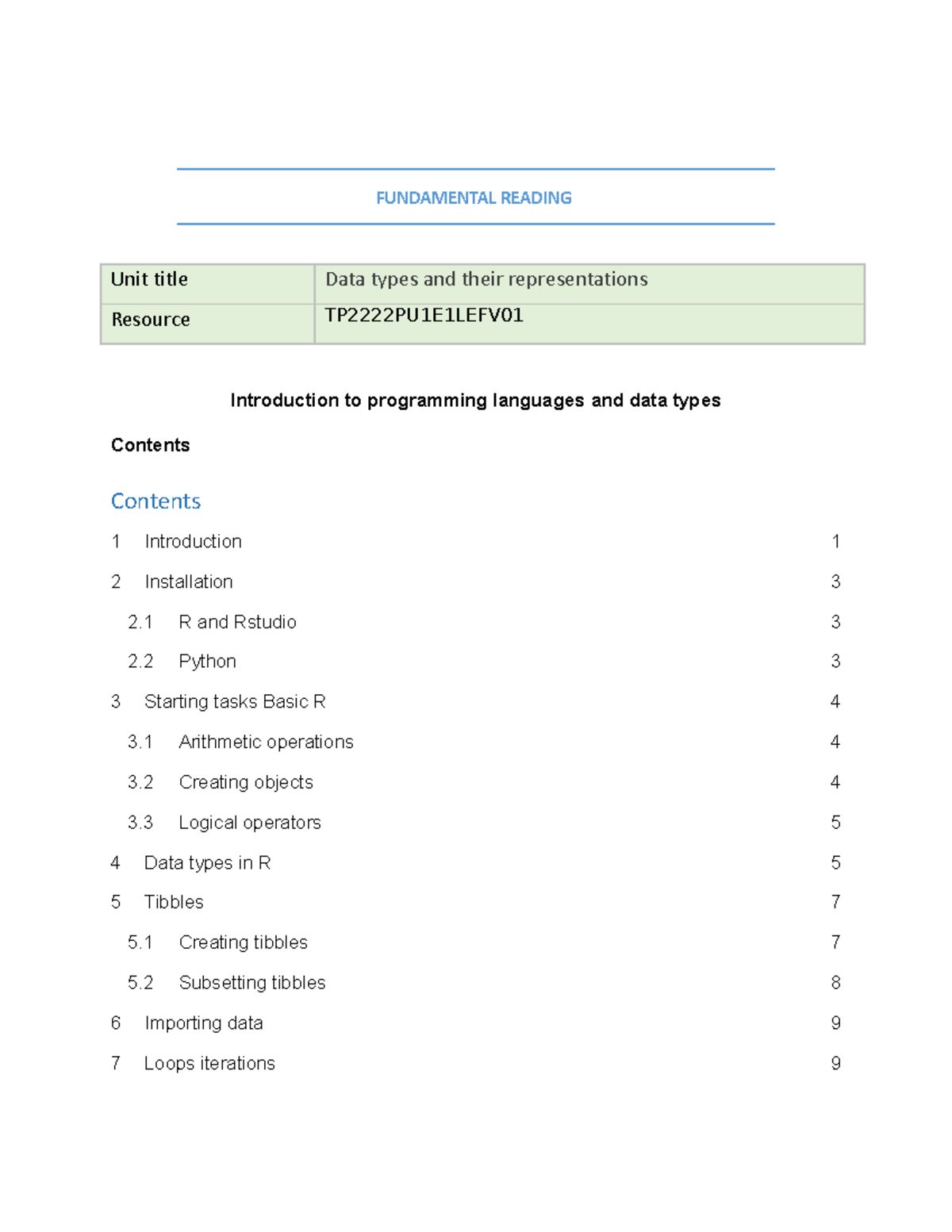 Fundamental reading S1 - FUNDAMENTAL READING Unit title Data types and ...