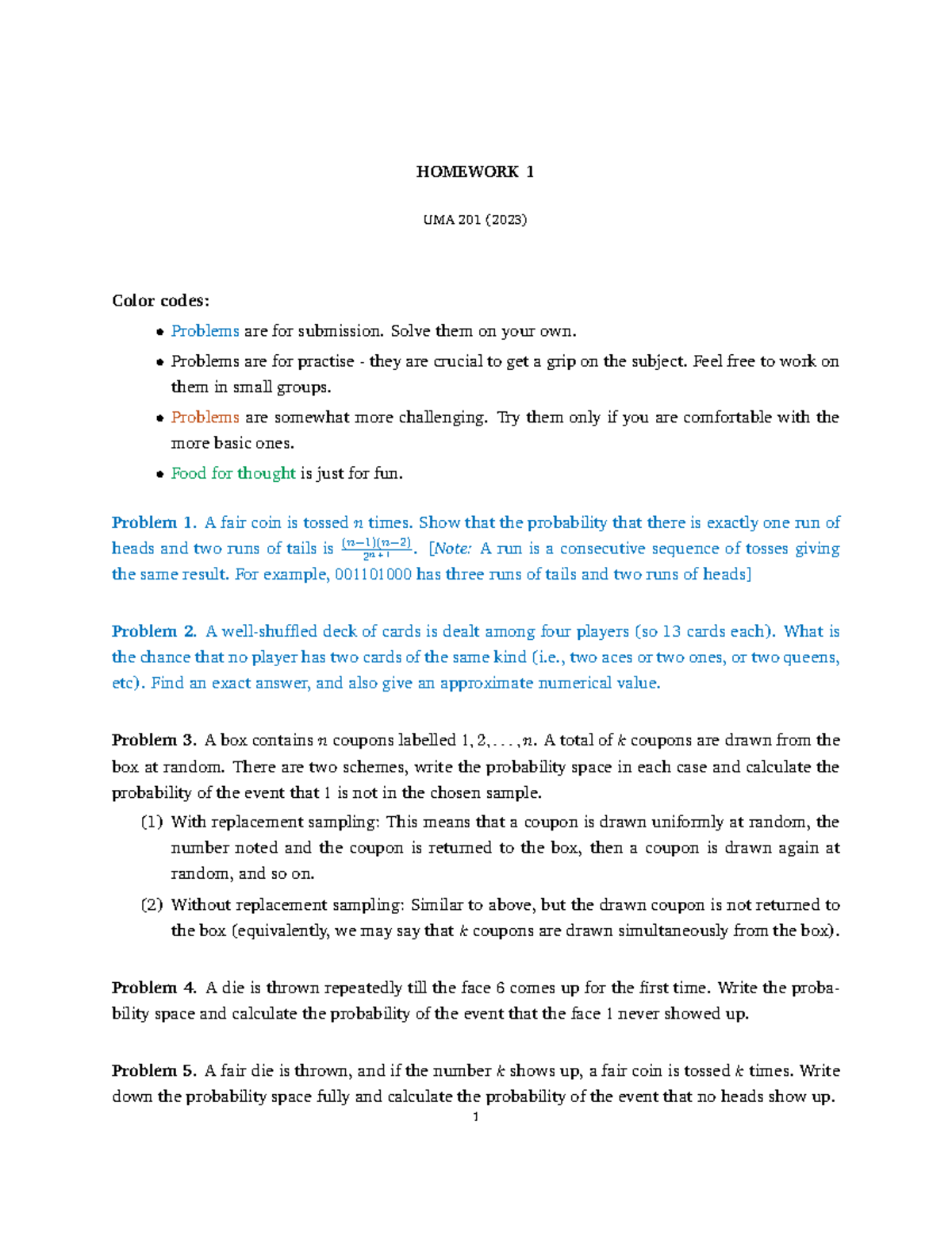 Hwk-1 - Homework 1 - HOMEWORK 1 UMA 201 (2023) Color codes: Problems ...