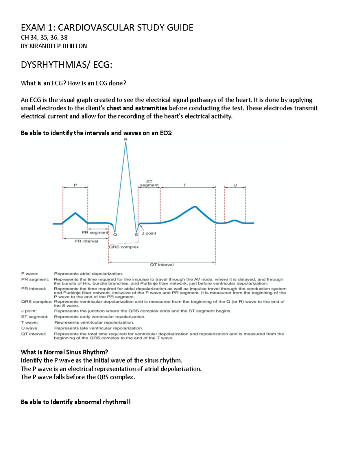 EXAM 1 Cardio Study Guide-1 - EXAM 1: CARDIOVASCULAR STUDY GUIDE CH 34, 35, 36, 38 BY KIRANDEEP ...