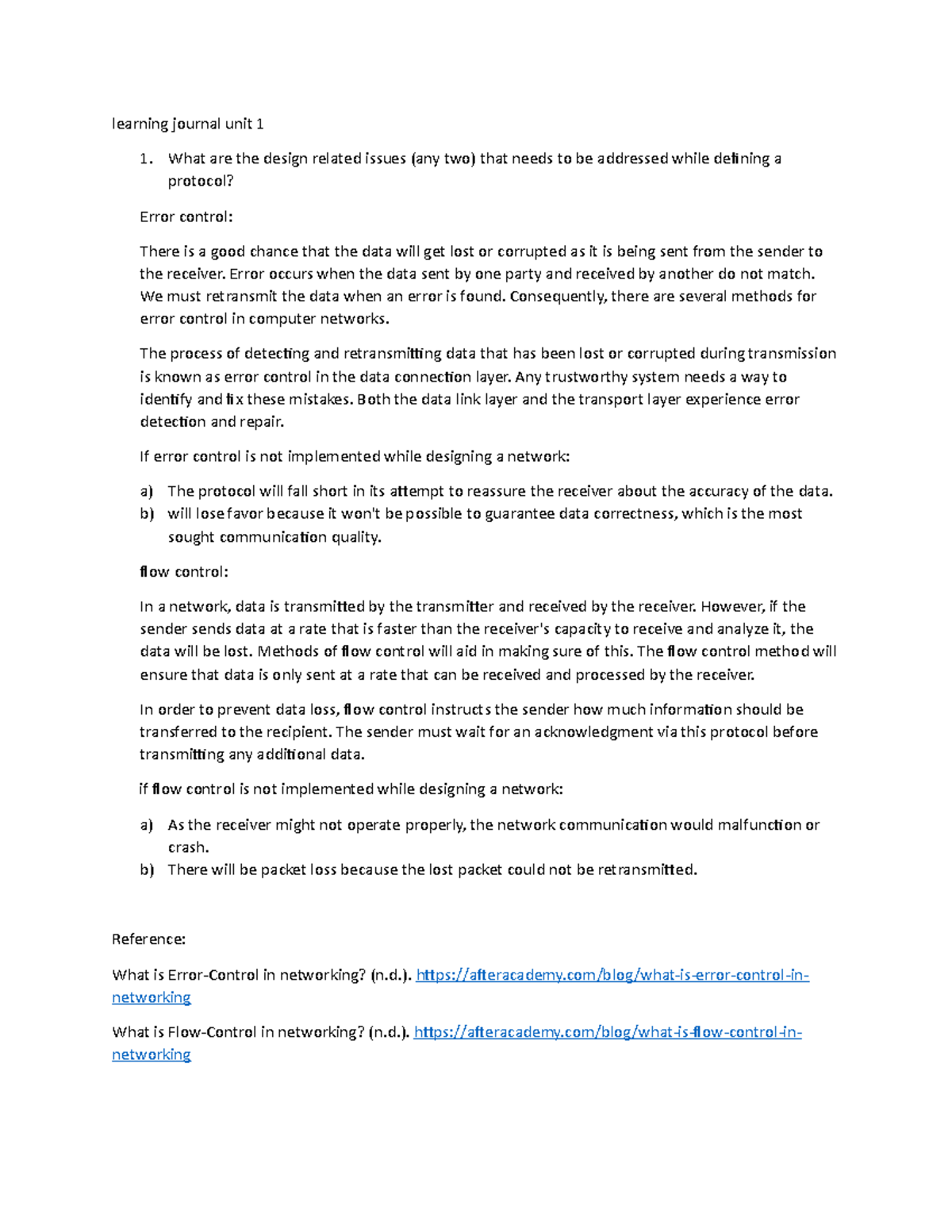 Learning journal unit 1 - Error occurs when the data sent by one party ...