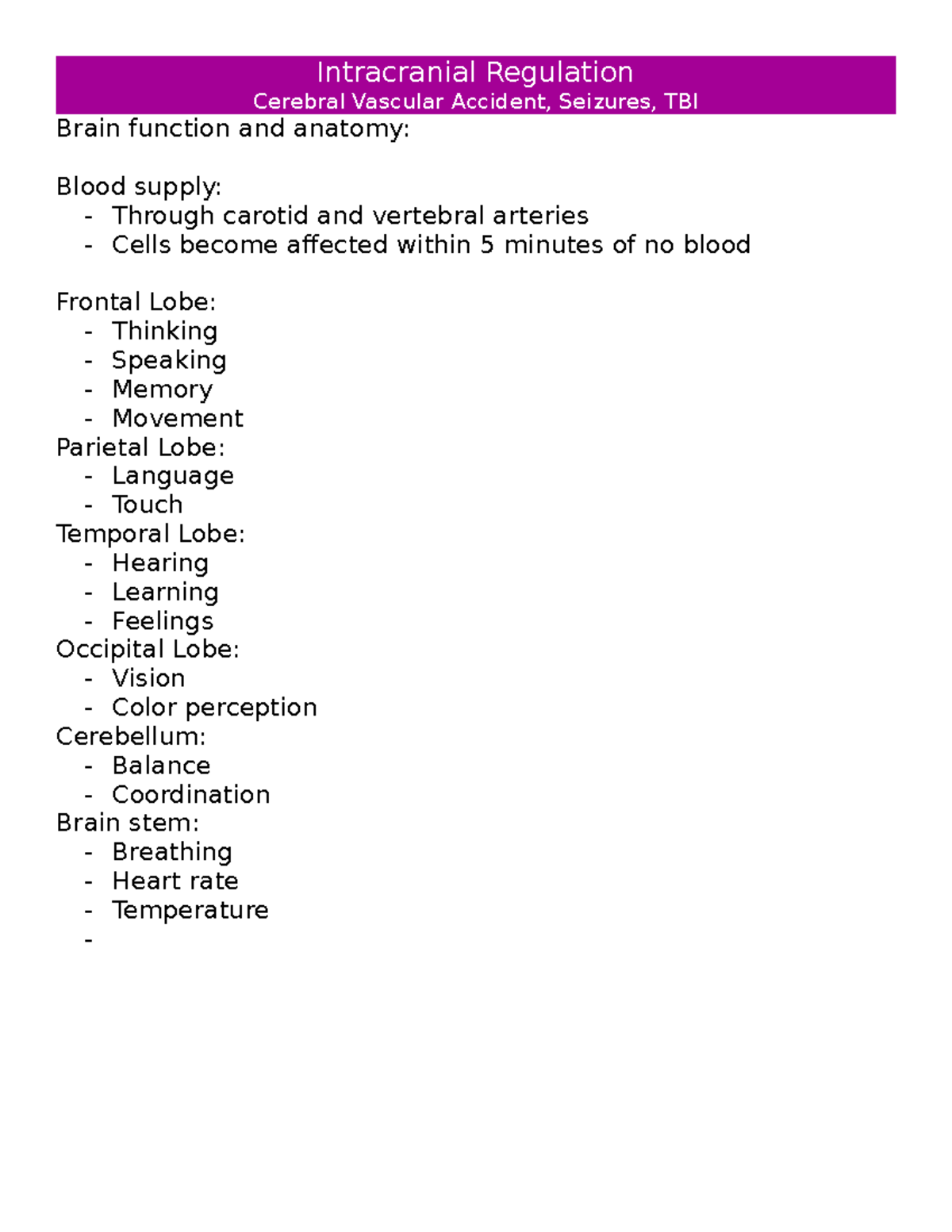 Intracranial Regulation Notes - Intracranial Regulation Cerebral ...