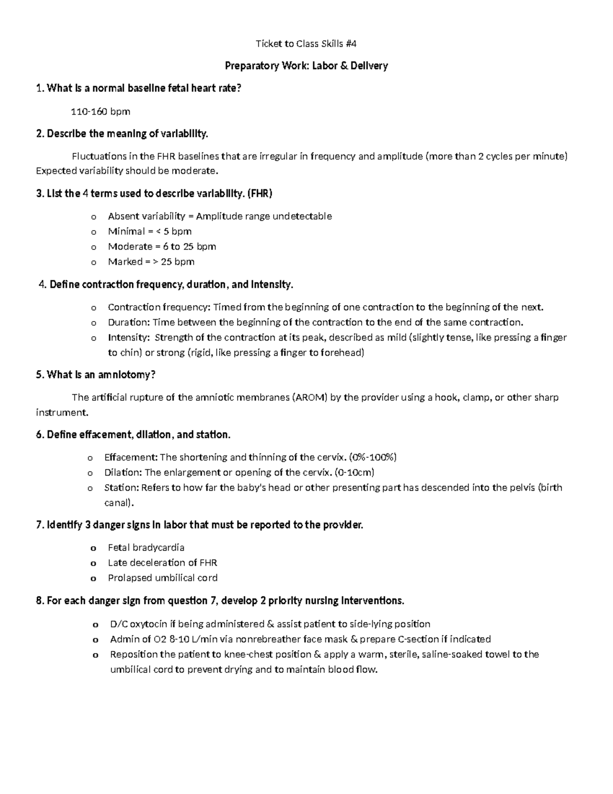 TTC # 4 Labor and Delivery - Ticket to Class Skills # Preparatory Work ...