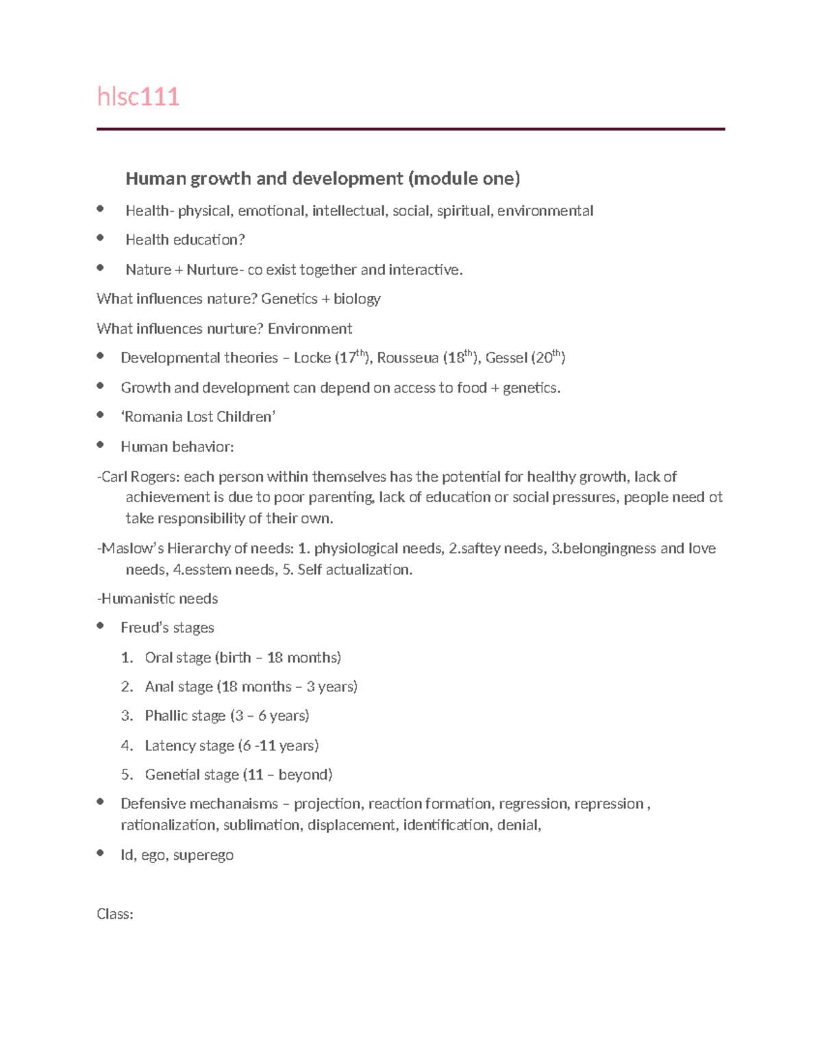 Hlsc111 - notes - hlsc Human growth and development (module one) Health ...