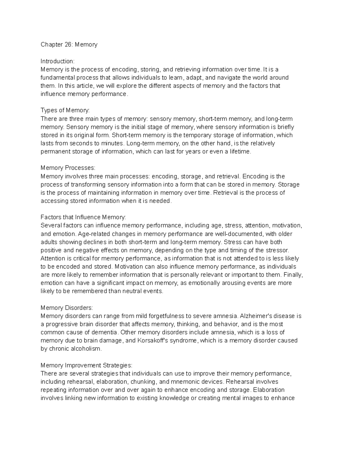 Week 8 Psych 1001 - Minimal and Informative notes. - Chapter 26: Memory ...