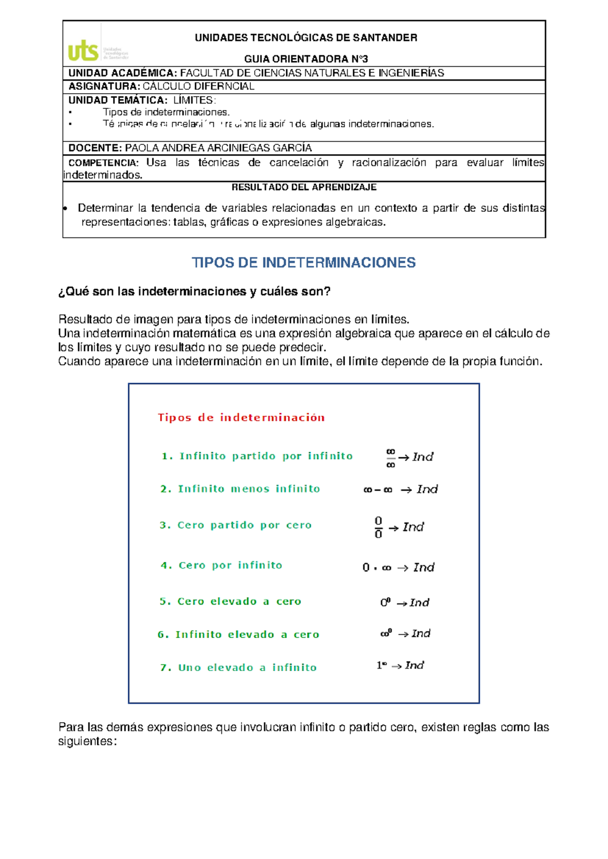 GUIA DE Aprendizaje Límites tipos de indeterminadas - TIPOS DE ...