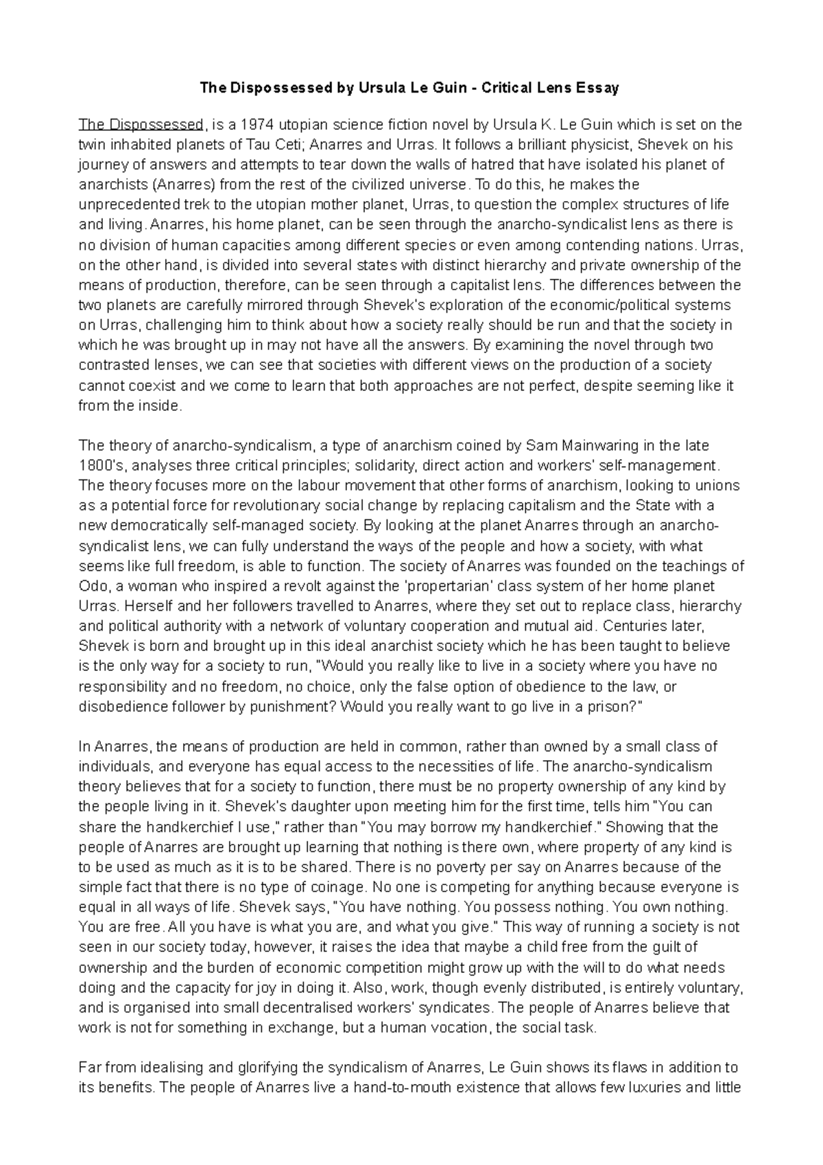 3.8 Essay - The Dispossessed by Ursula Le Guin - Critical Lens Essay ...
