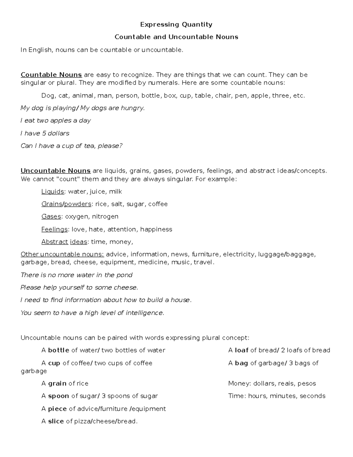 20. Expressing Quantity - Expressing Quantity Countable and Uncountable ...